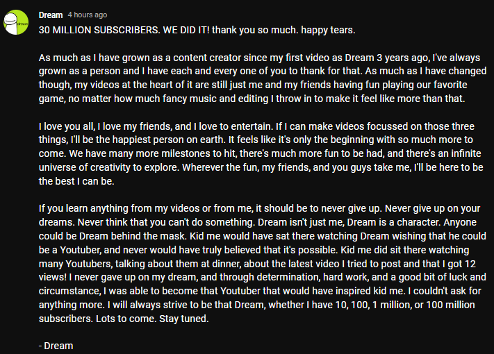 Dream hits new milestone on YouTube, becomes most subscribed Minecraft ...